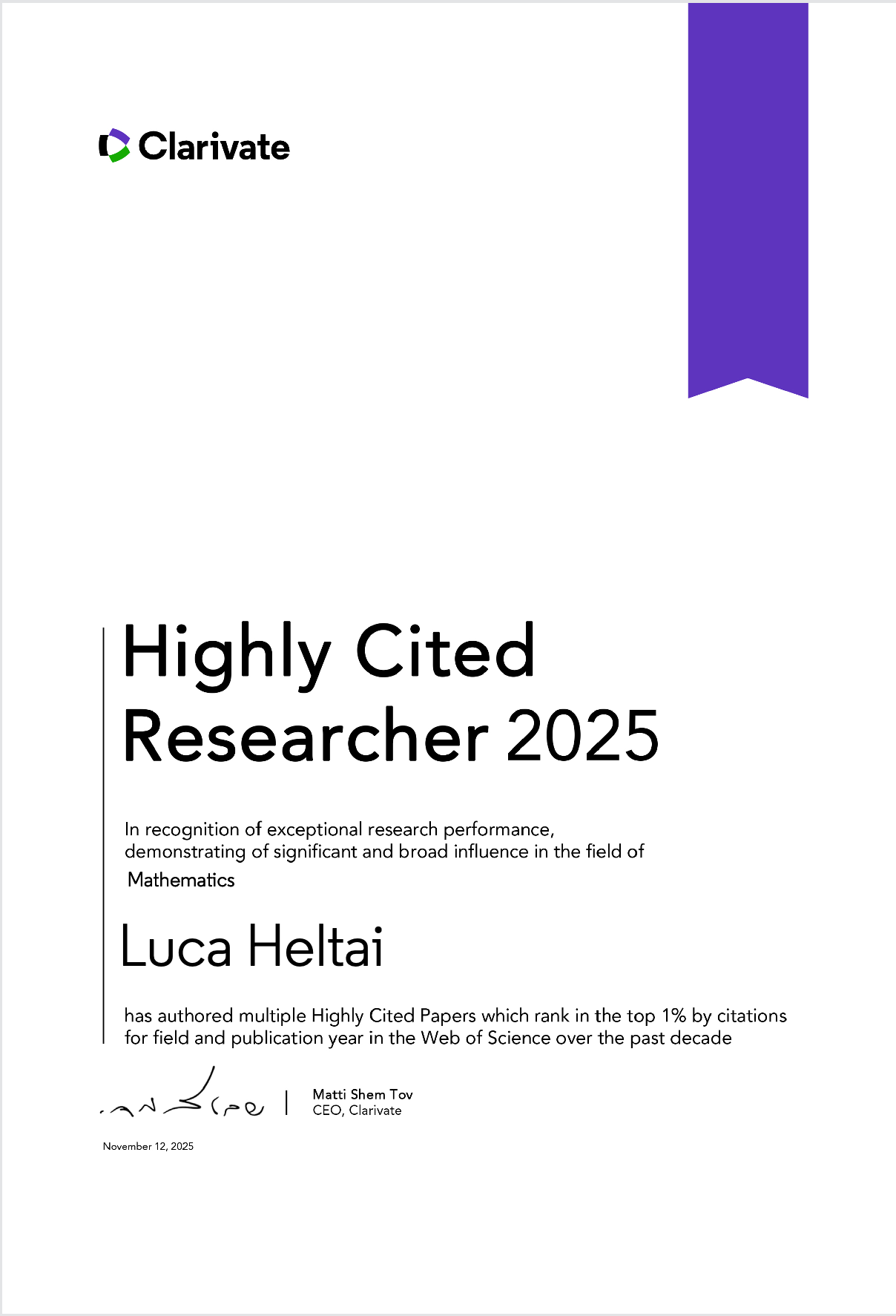 Highly Cited Researcher 2025 – Luca HELTAI